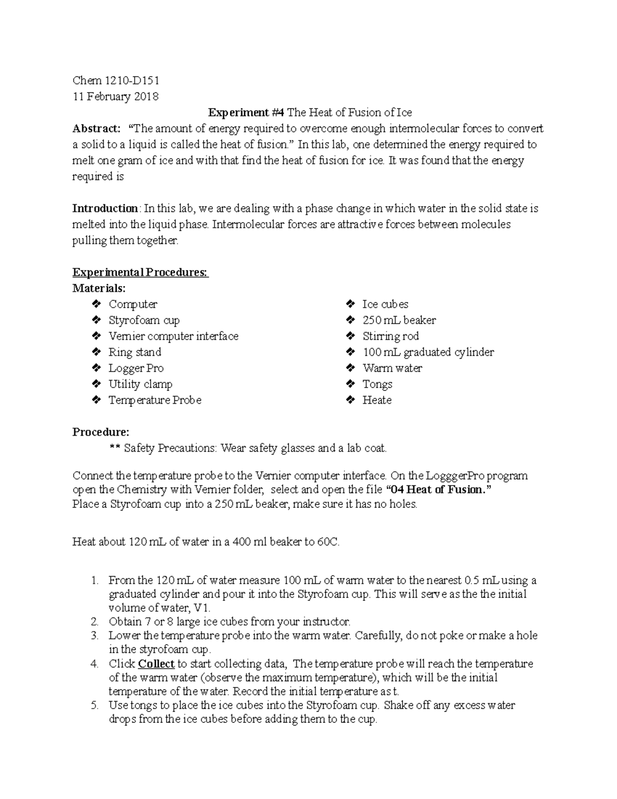 The Heat of Fusion of Ice - Chem 1210-D 11 February 2018 Experiment #4 ...