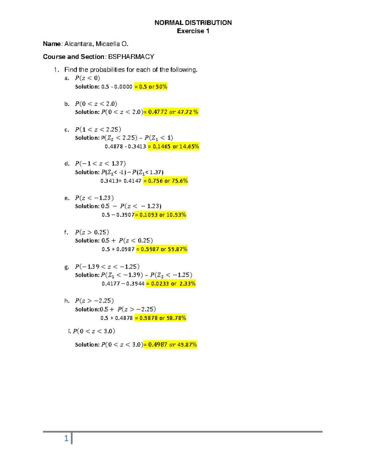 Normal Distribution Exercises Seatwork Assignments - NORMAL DISTRIBUTION Exercise 1 Name ...