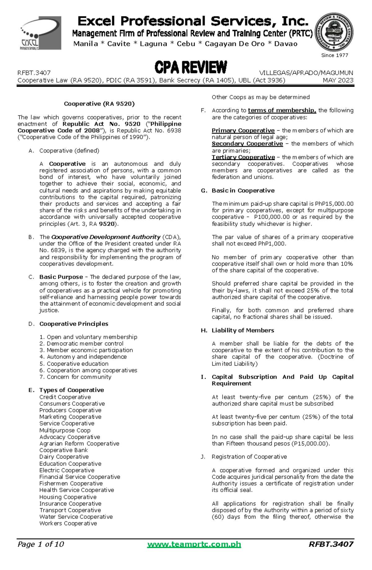 RFBT.3407 Cooperative Law Overview and MC Questions - May 2023 - Studocu