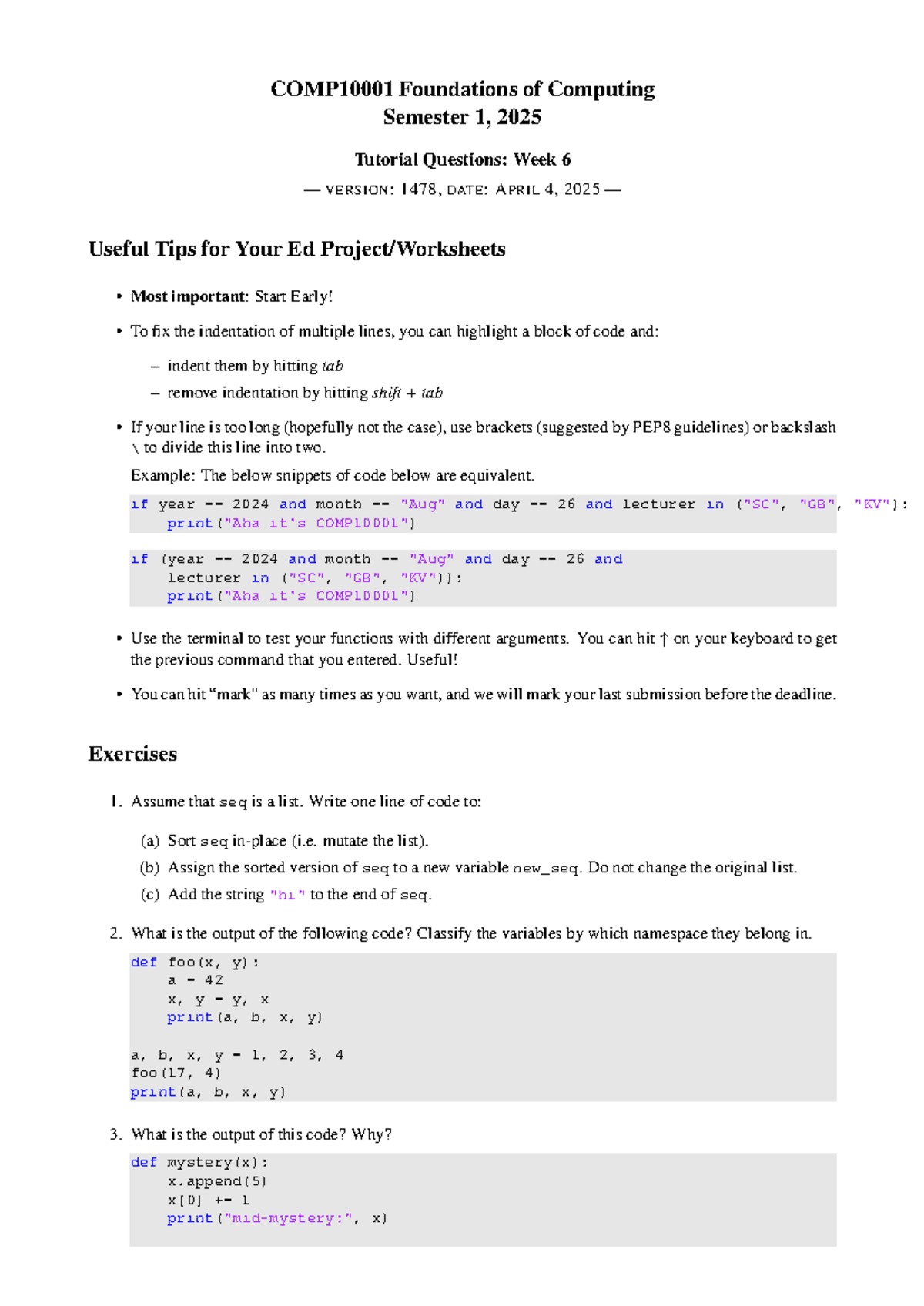 COMP10001 Semester 1, 2025 Week 6 Tutorial Questions - Studocu