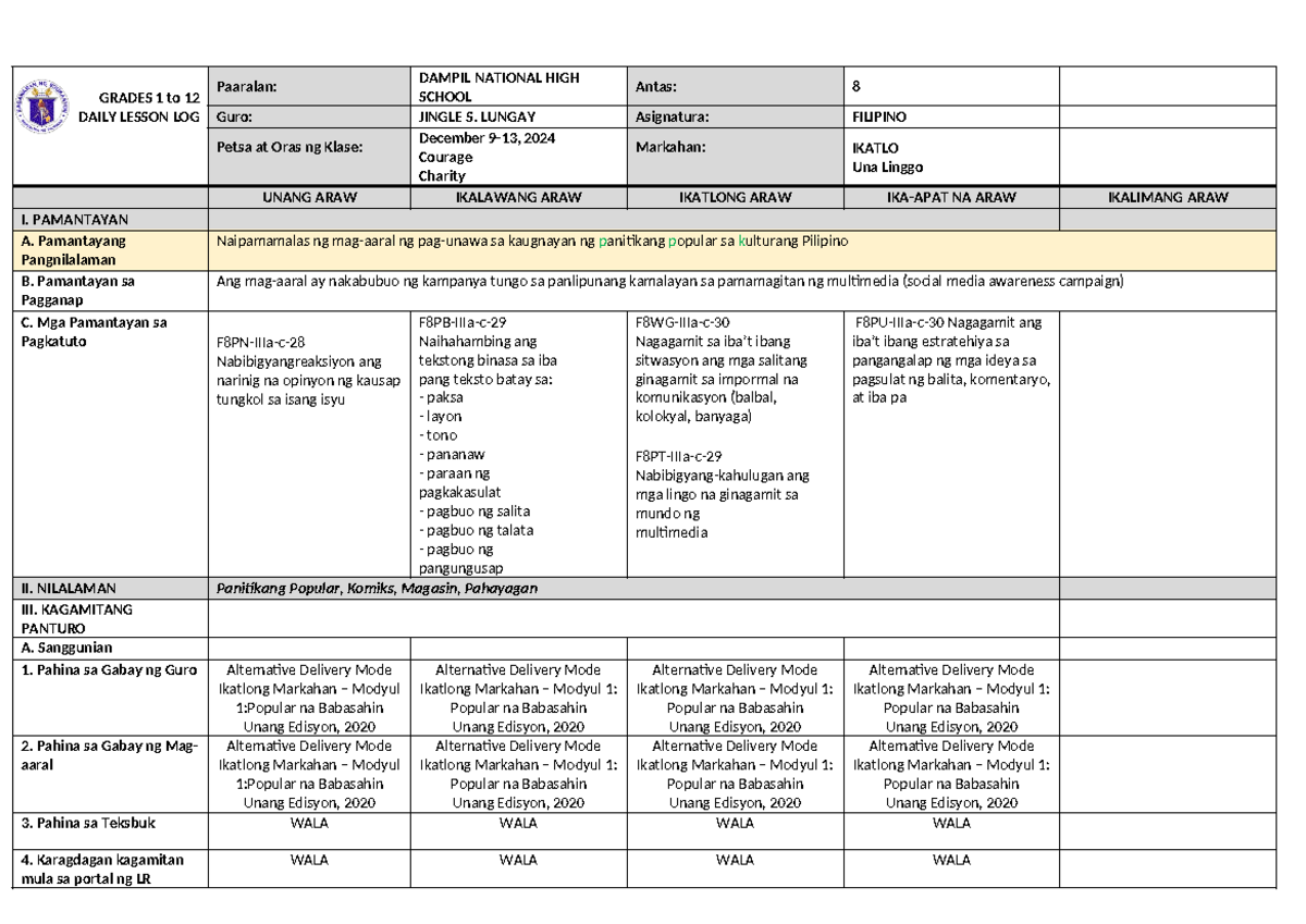 Q3-W1 - DLL Filipino 8: Daily Lesson Log & Plans for Grade 8 - Studocu