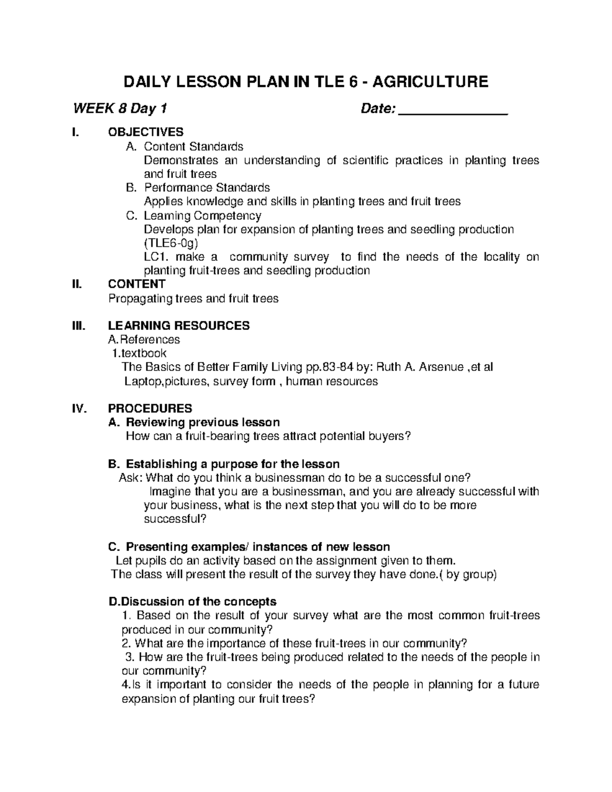 TLE 6 Agriculture Daily Lesson Plan: Week 8 - Tree Planting & Seedling ...