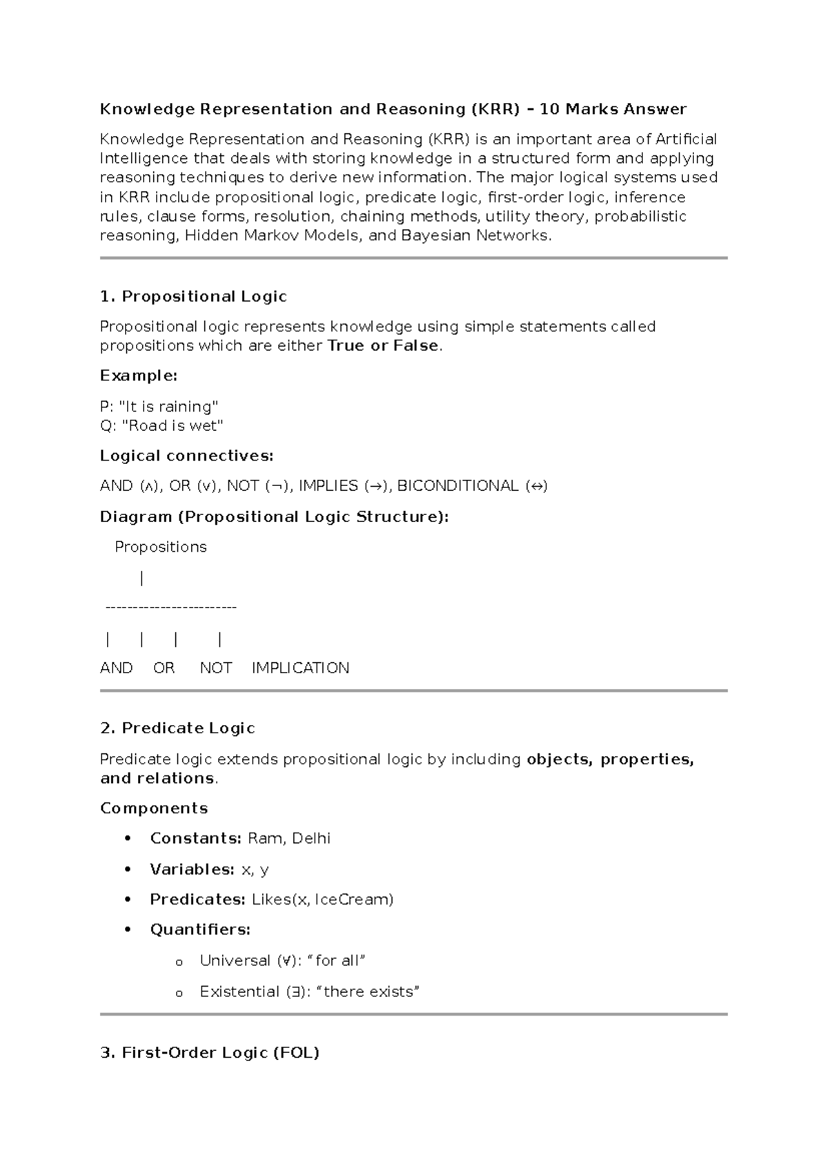 KRR 10 Marks Answer: Knowledge Representation & Reasoning in AI - Studocu