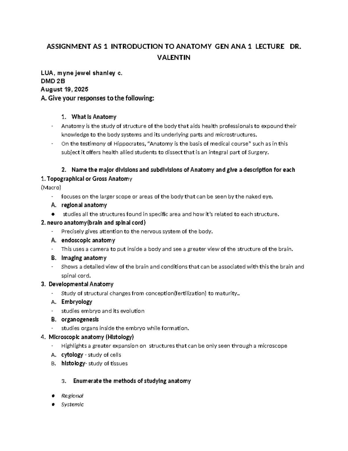 Assignment 1: Introduction to Anatomy (GEN ANA 1) - Lecture Notes by Dr ...