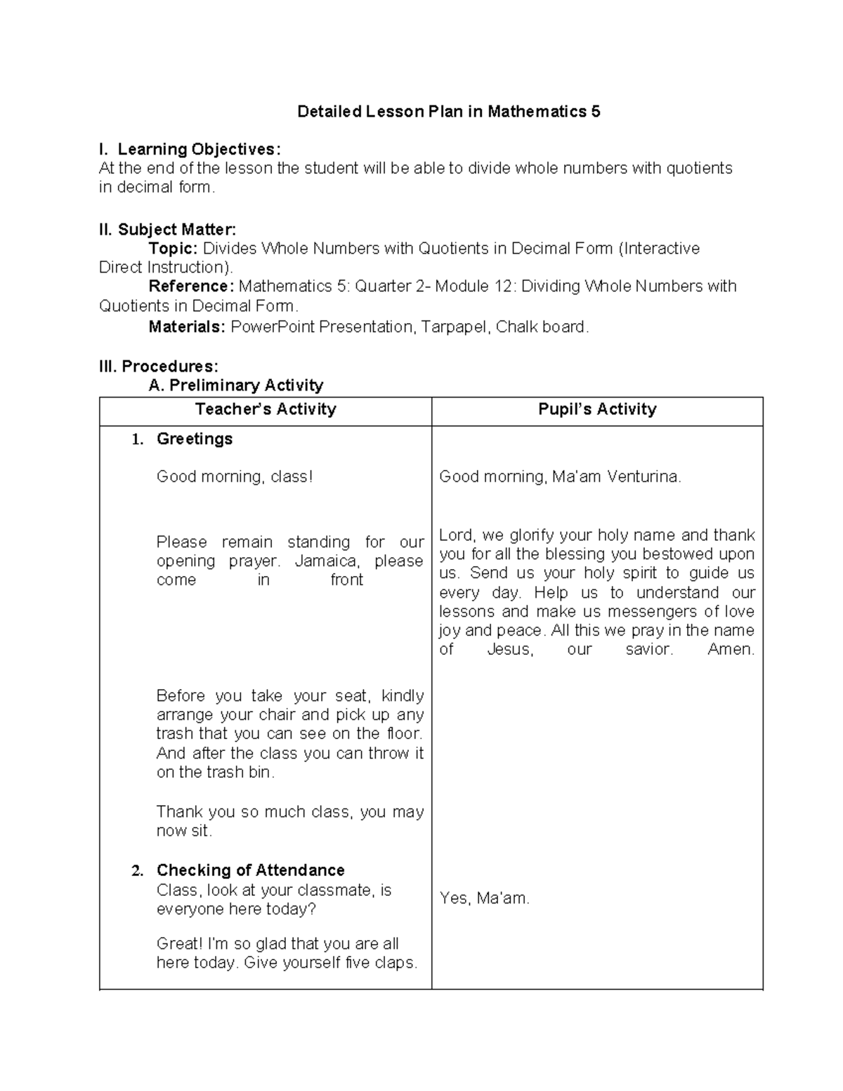 Mathematics 5: Detailed Lesson Plan on Dividing Whole Numbers - Studocu