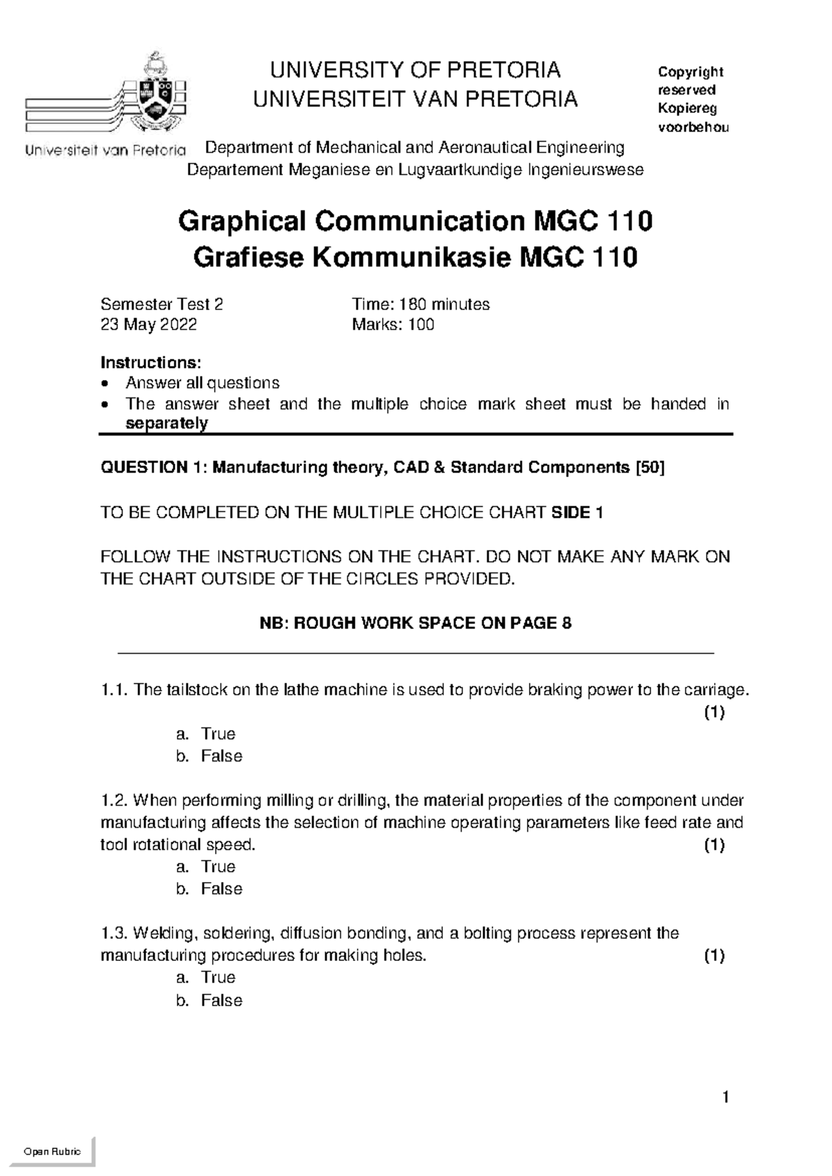 MGC 110 Graphical Communication Semester Test 2 - May 2022 - Studocu