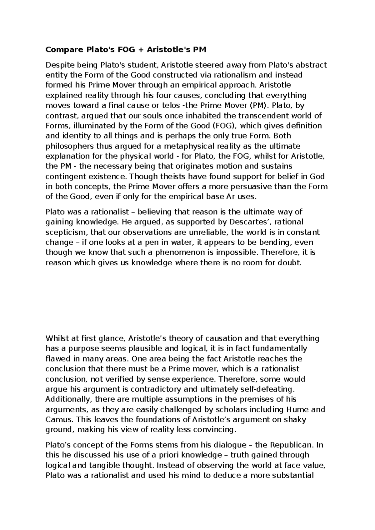 Compare and Evaluate Plato's FOG and Aristotle's PM Analysis - Studocu