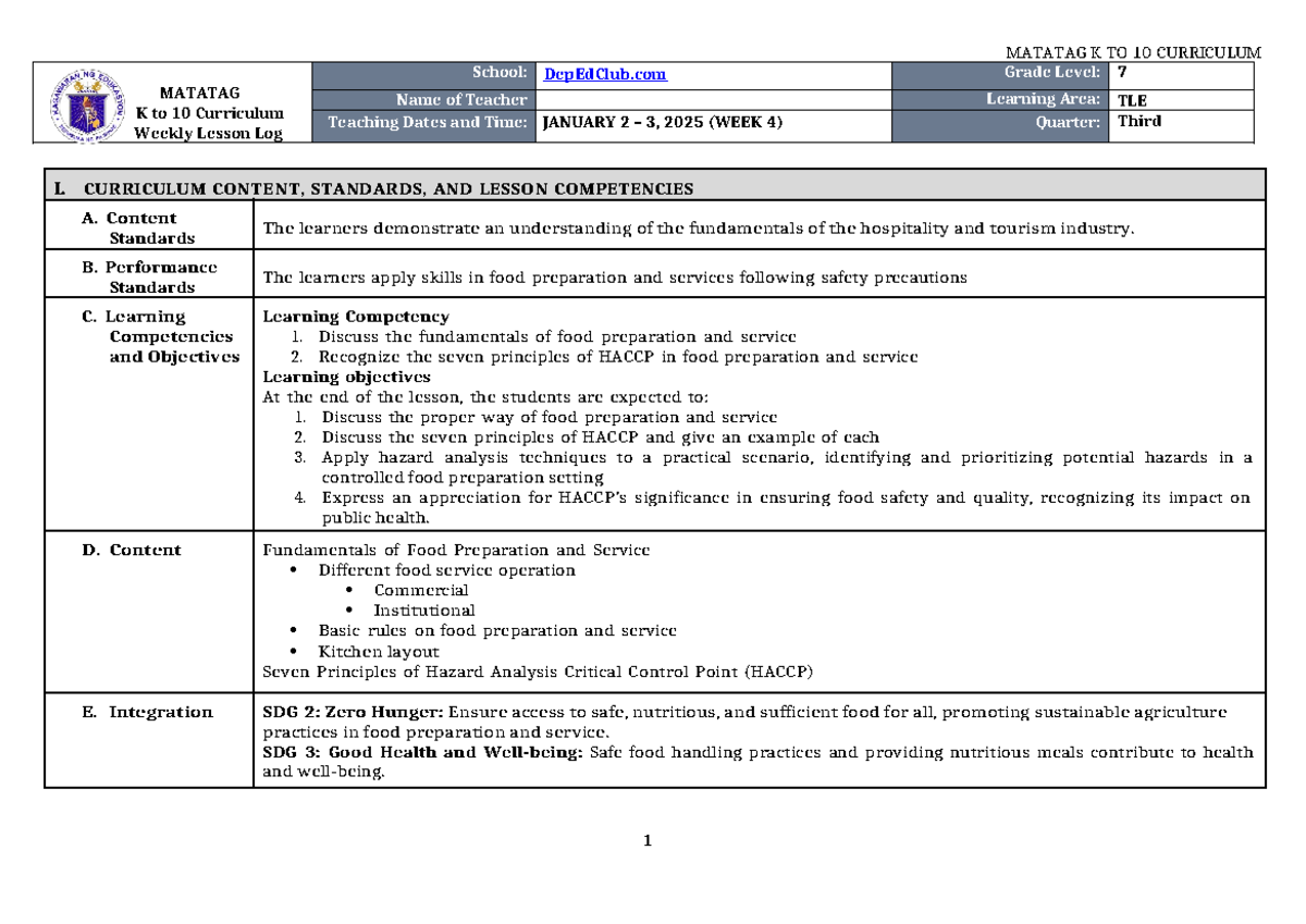 DLL Matatag TLE 7 Q3 W4 - dll - MATATAG K to 10 Curriculum Weekly Lesson Log School: DepEdClub ...