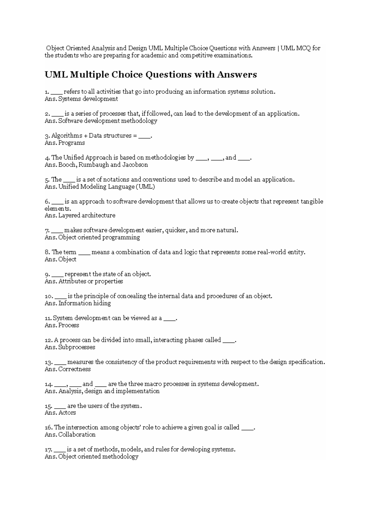 Object Oriented Analysis and Design UML Multiple Choice Questions - UML ...