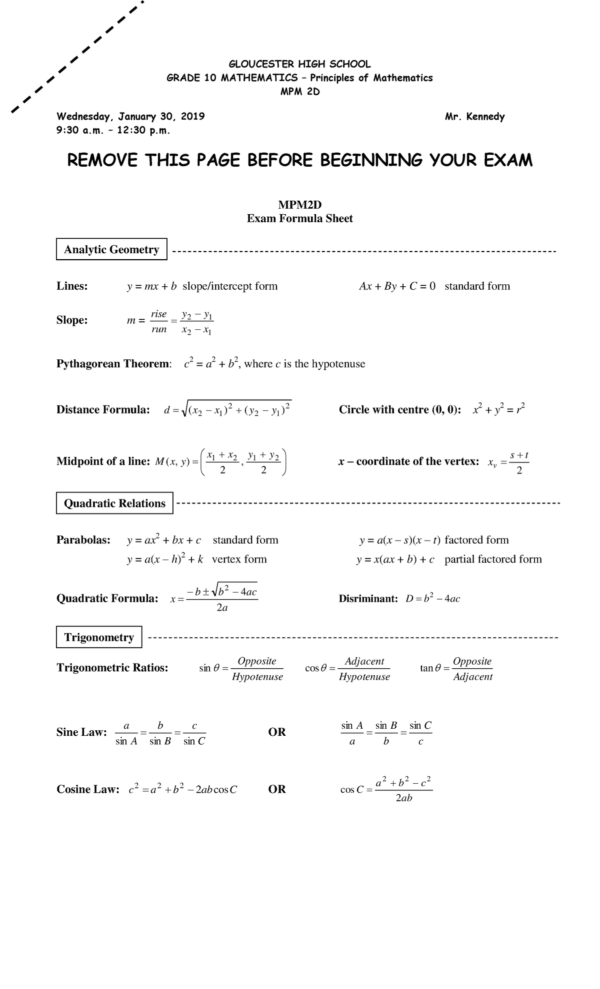 MPM 2D Final Exam - Essential Formula Sheet for Math - Studocu