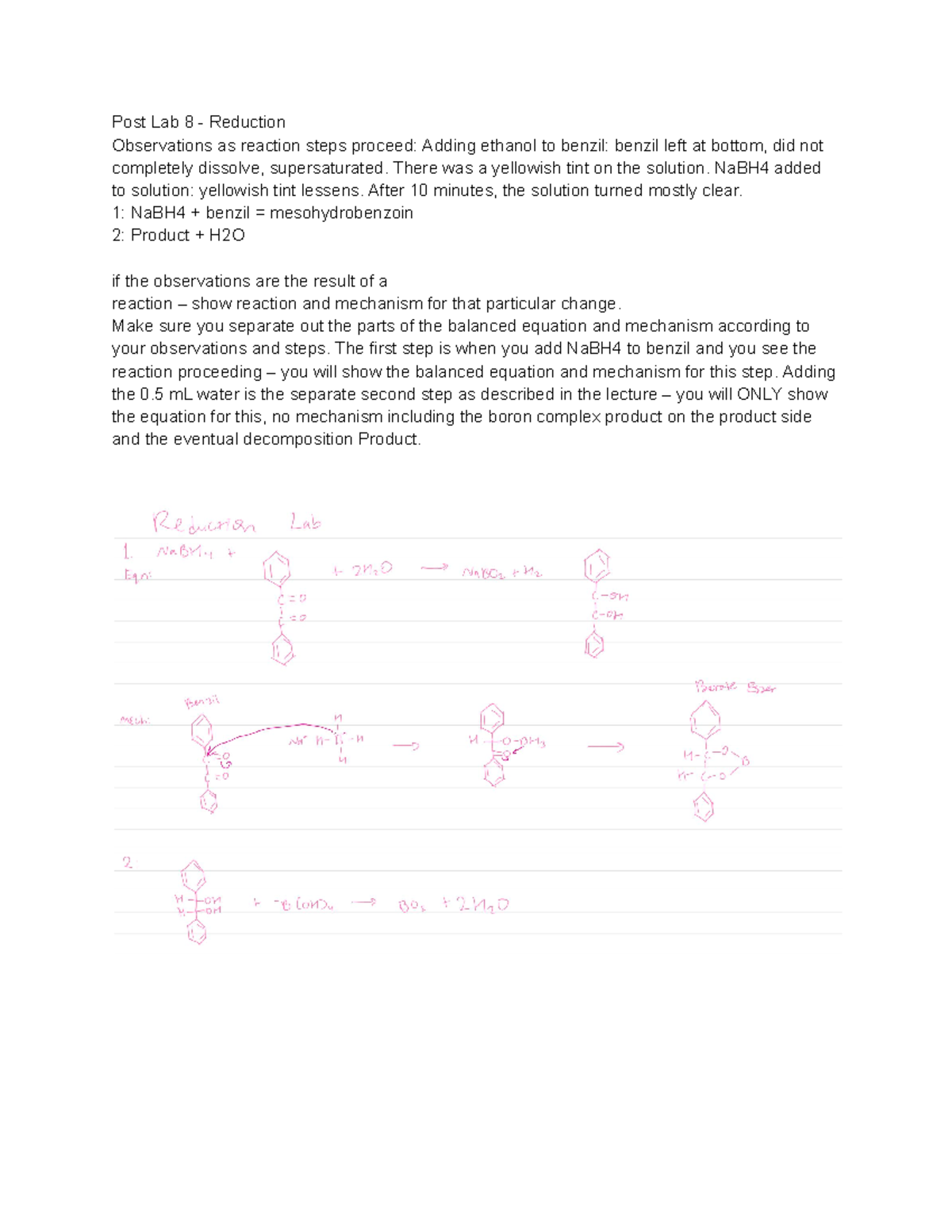Post Lab 8 - Reduction Reaction Observations & Mechanism Insights - Studocu