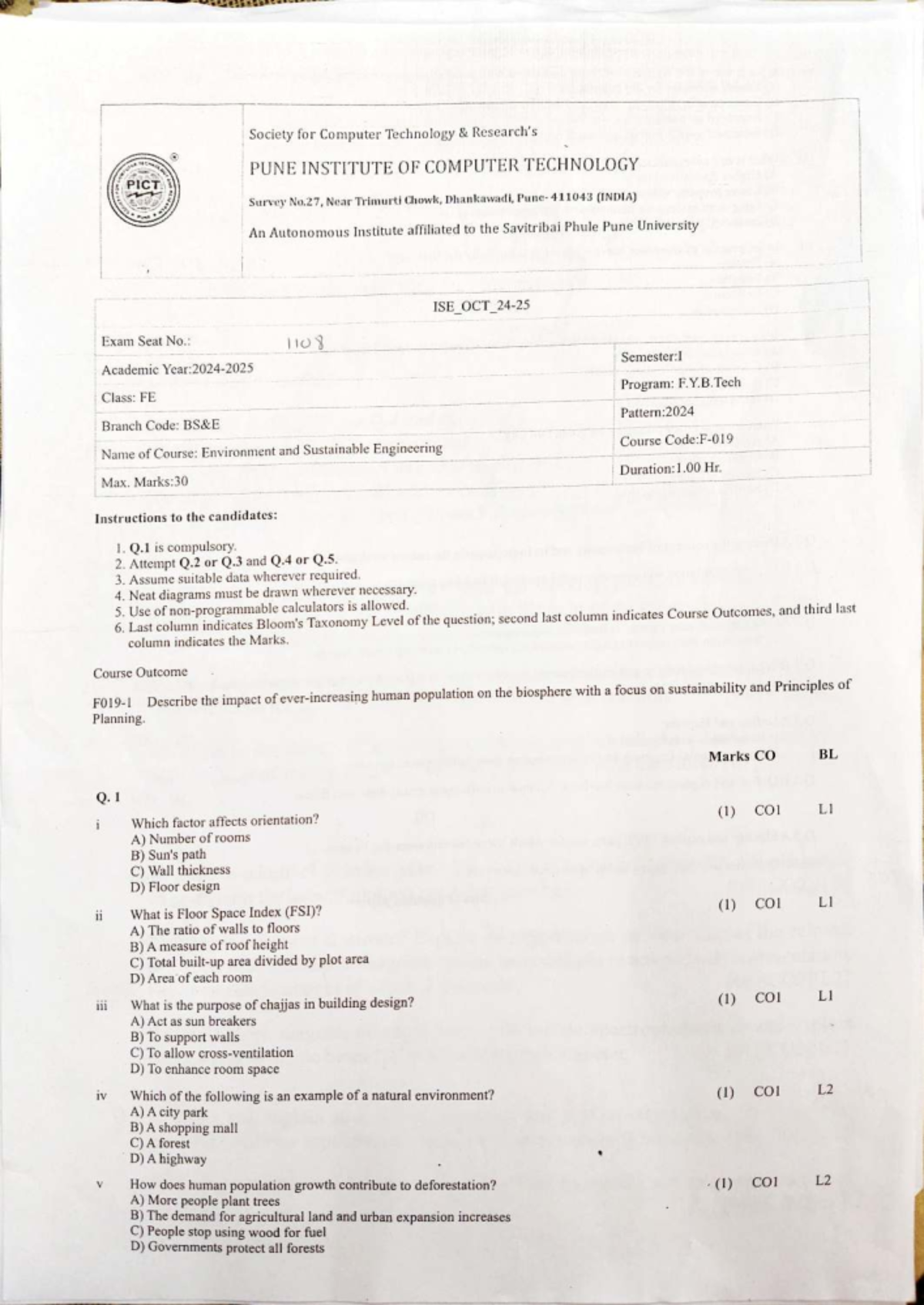 ESE QP for F.Y.B.Tech (FE) - Environment & Sustainable Engg. - Studocu