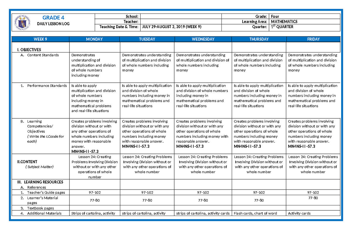 DLL G4 Q1 WEEK 9 LESSON LOG: MATH DIVISION ACTIVITIES - Studocu