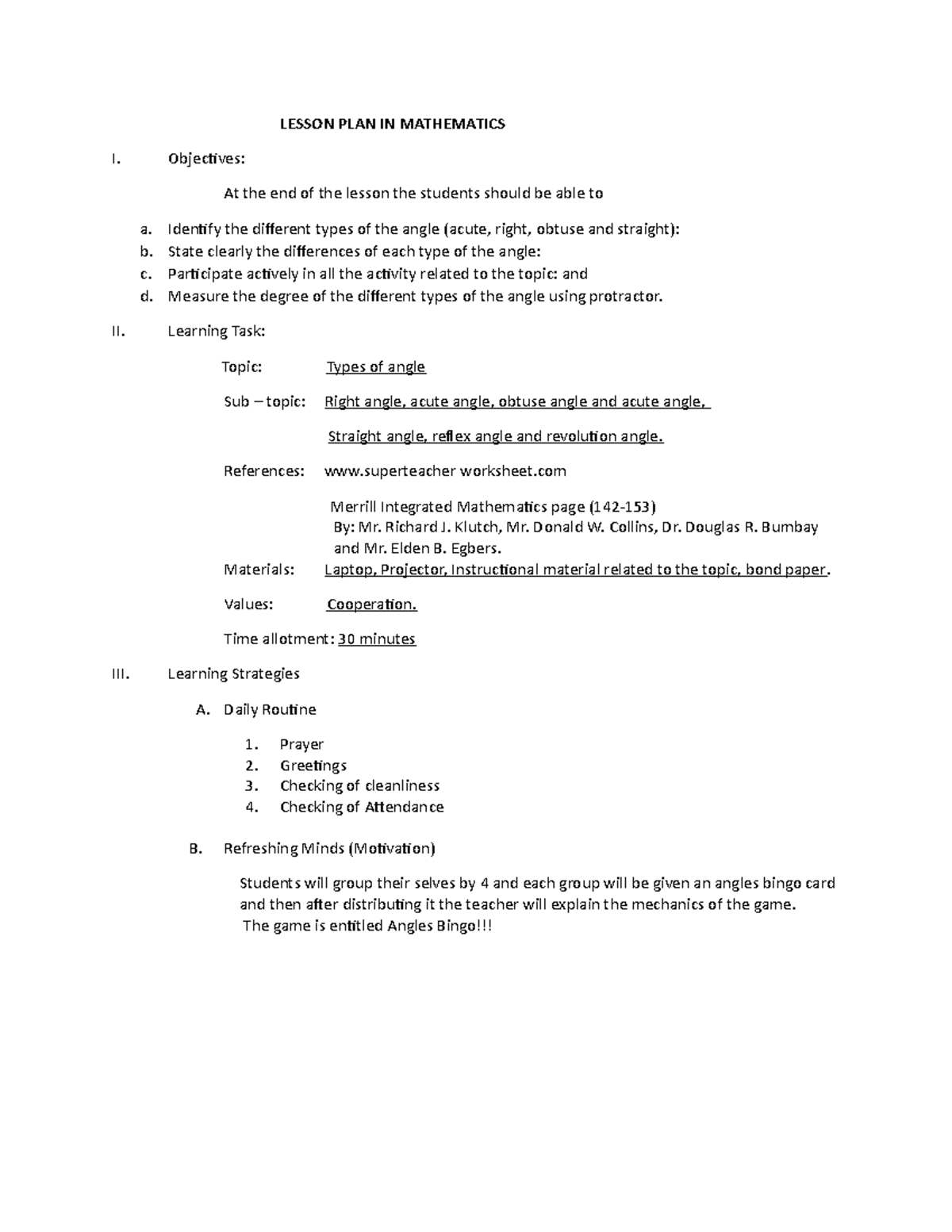 Mathematics Lesson Plan: Types of Angles Explained - Studocu
