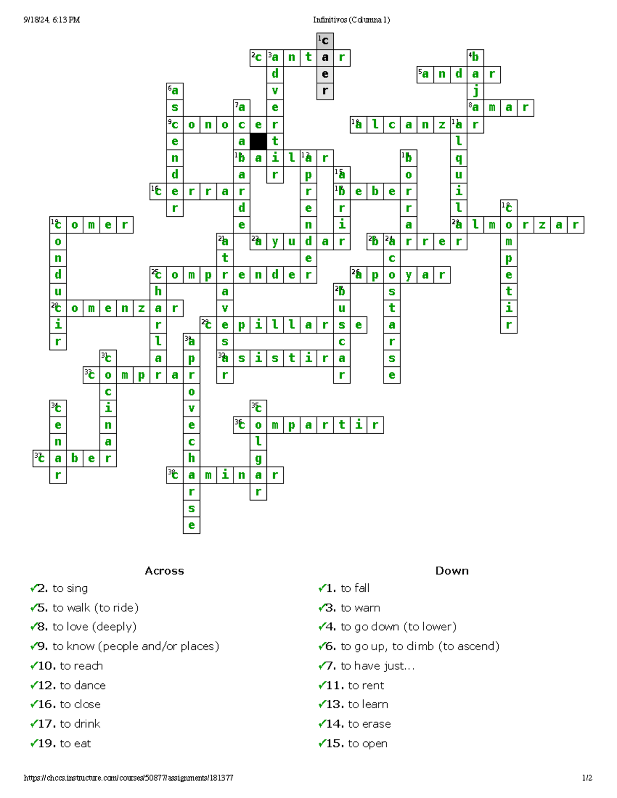 Spanish 2 crossword puzzle notes for infinitives - Studocu