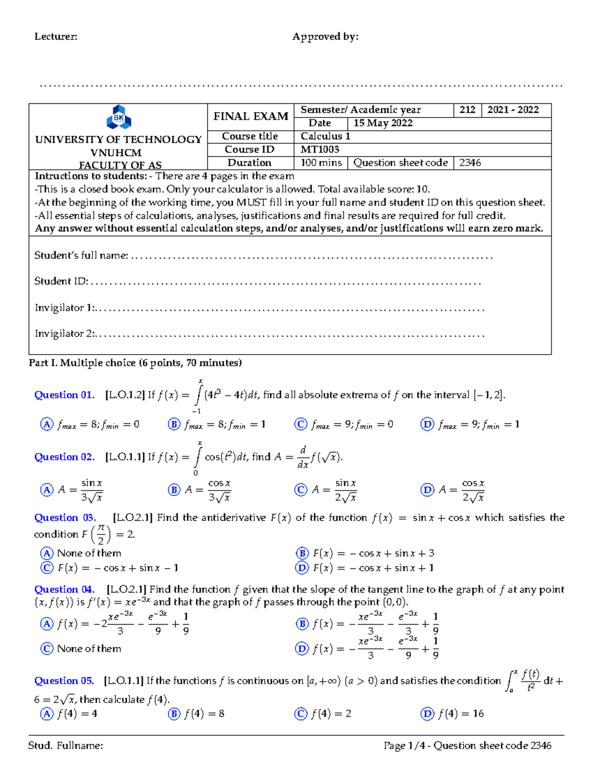 Sample Test for Final Exam of Calculus 1 - Lecturer: Approved by: - Studocu