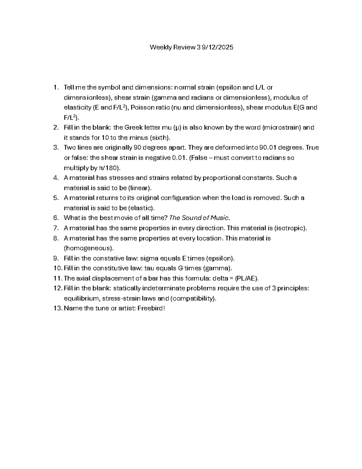 Weekly Review 3: Strain, Stress, & Material Properties Concepts - Studocu