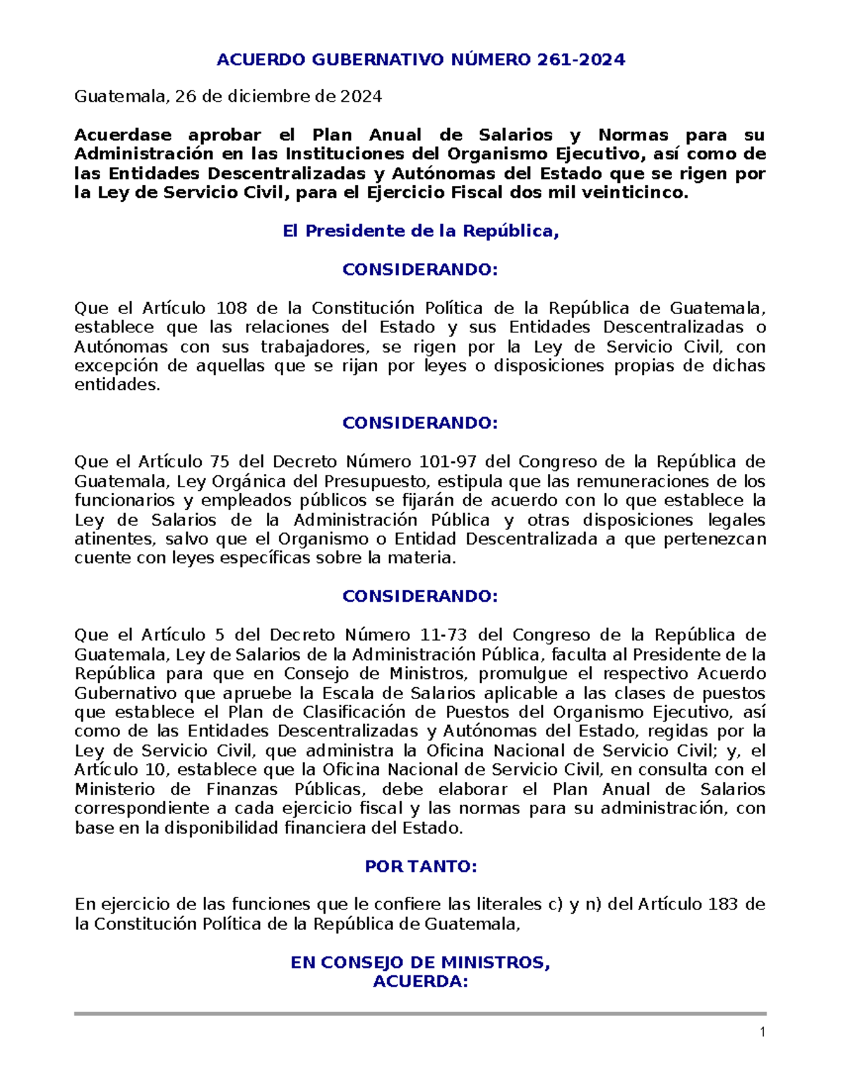 Acuerdo Gubernativo 261 2024 Plan Anual De Salarios Y Normas Studocu