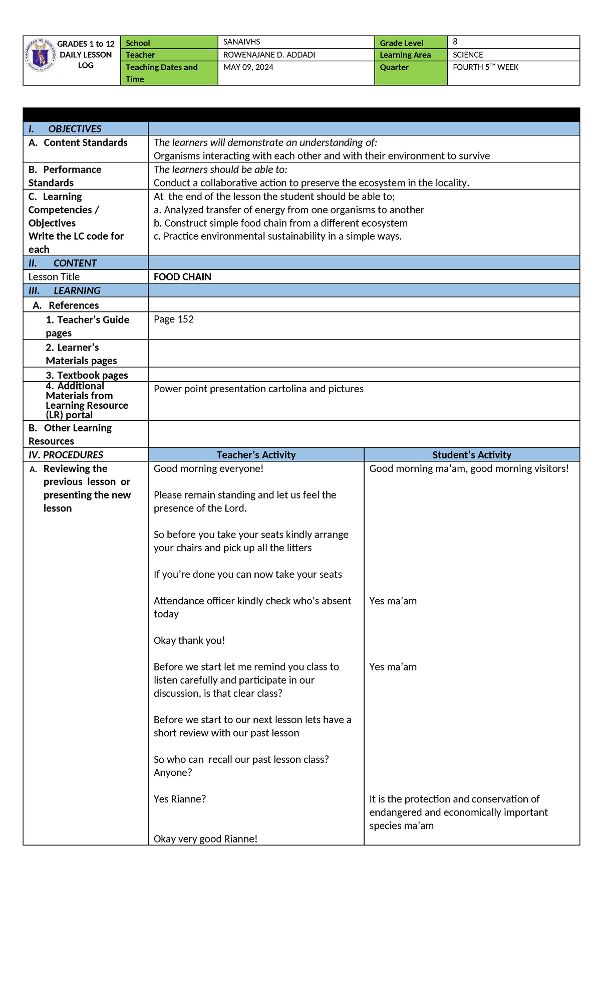Detailed Lesson Plan: Food Chain (Grade 8 Science, 4th Quarter) - Studocu