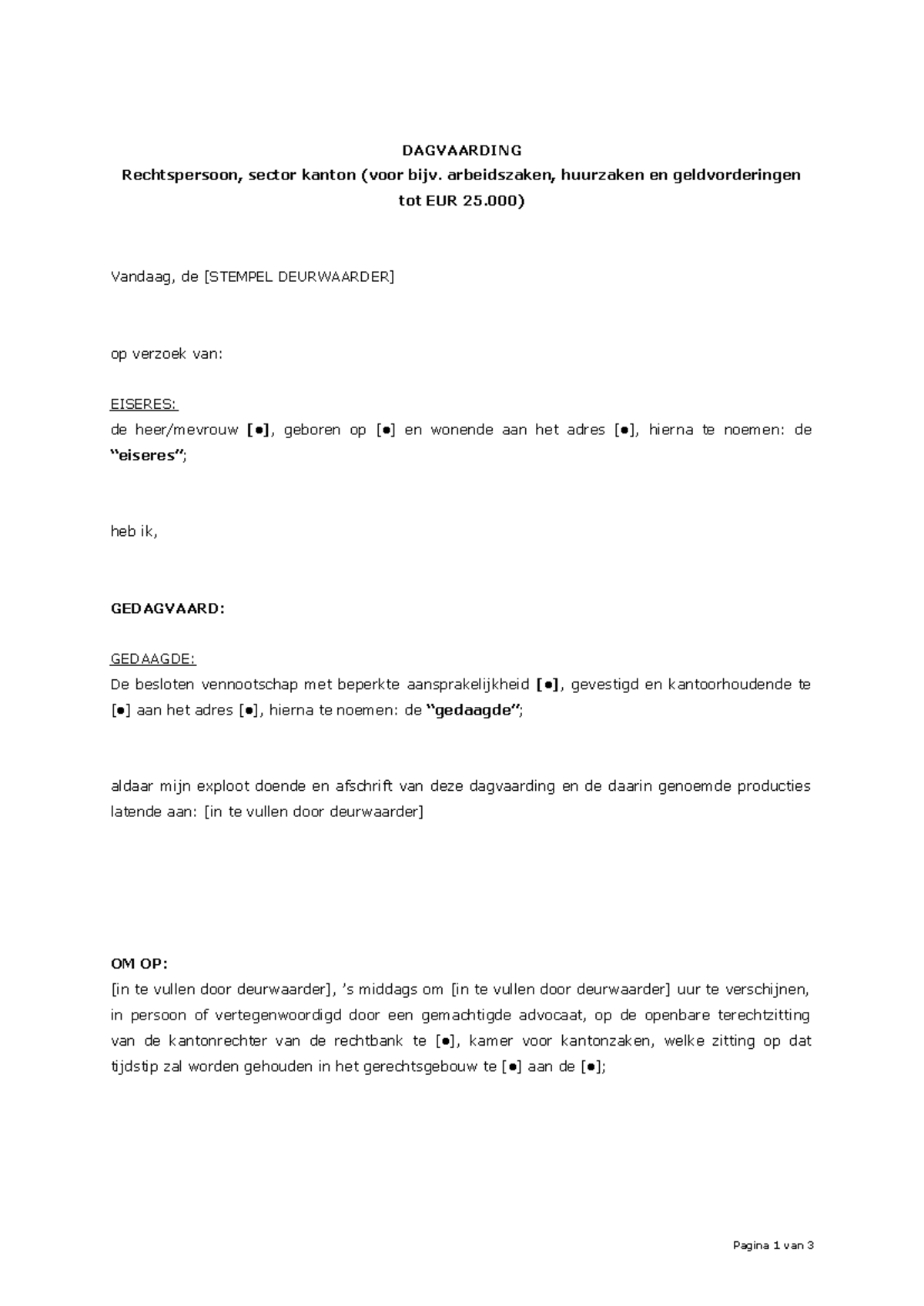 Dagvaarding Rechtspersoon in Kanton - Voor Arbeids- en Huurzaken ...