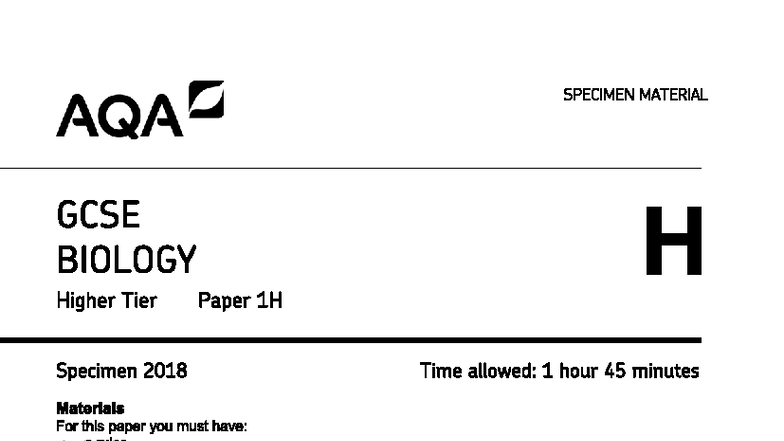 AQA GCSE Biology H Specimen Paper 1 (Higher Tier) 2018 Exam - Studocu