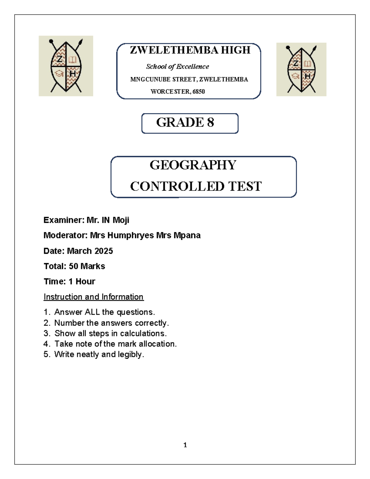 Grade 8 Geography Controlled Test - March 2025 - Studocu