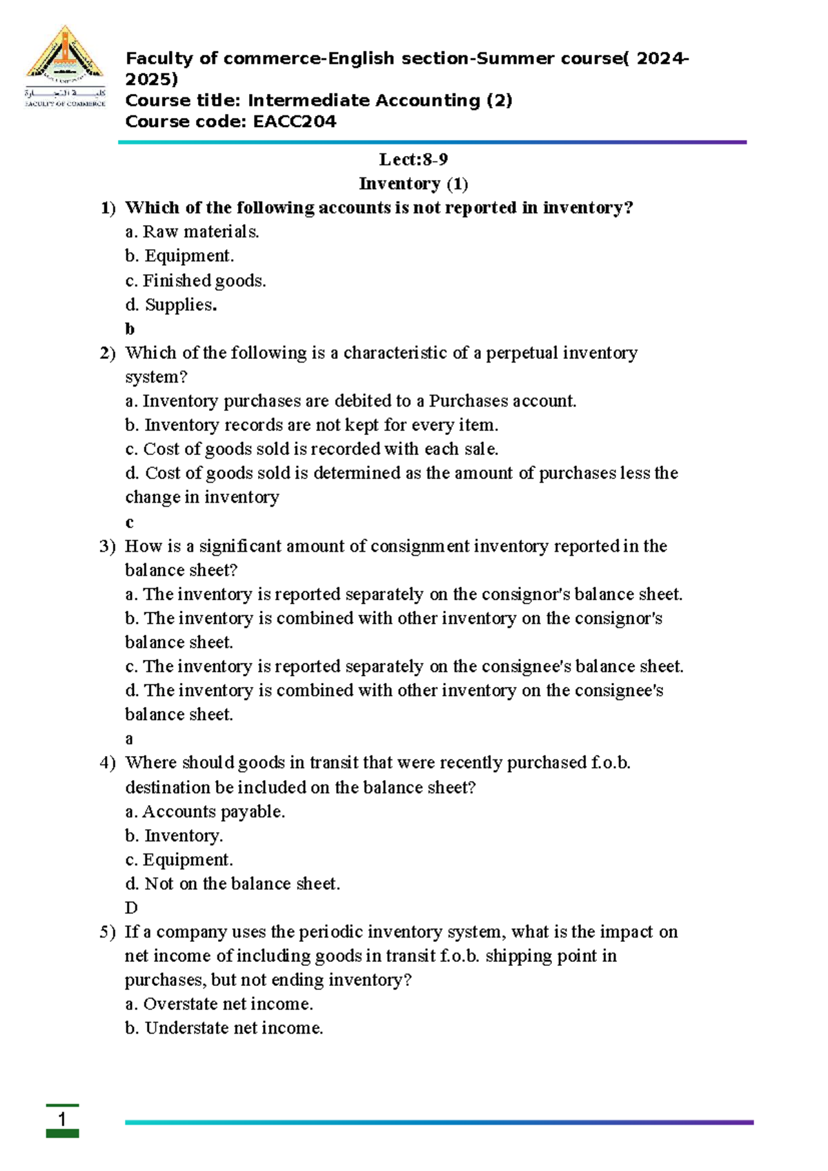 Ch-8 Inventory 1 Answers - EACC204 Intermediate Accounting (2) - Studocu