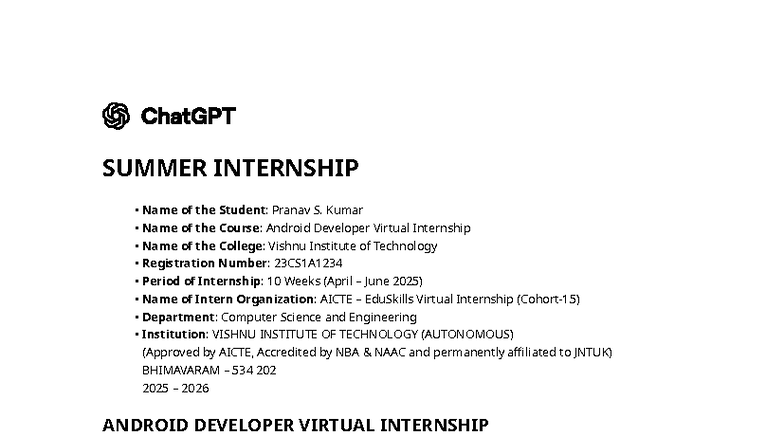 Summer Internship - SUMMER INTERNSHIP Name of the Student: Pranav S ...