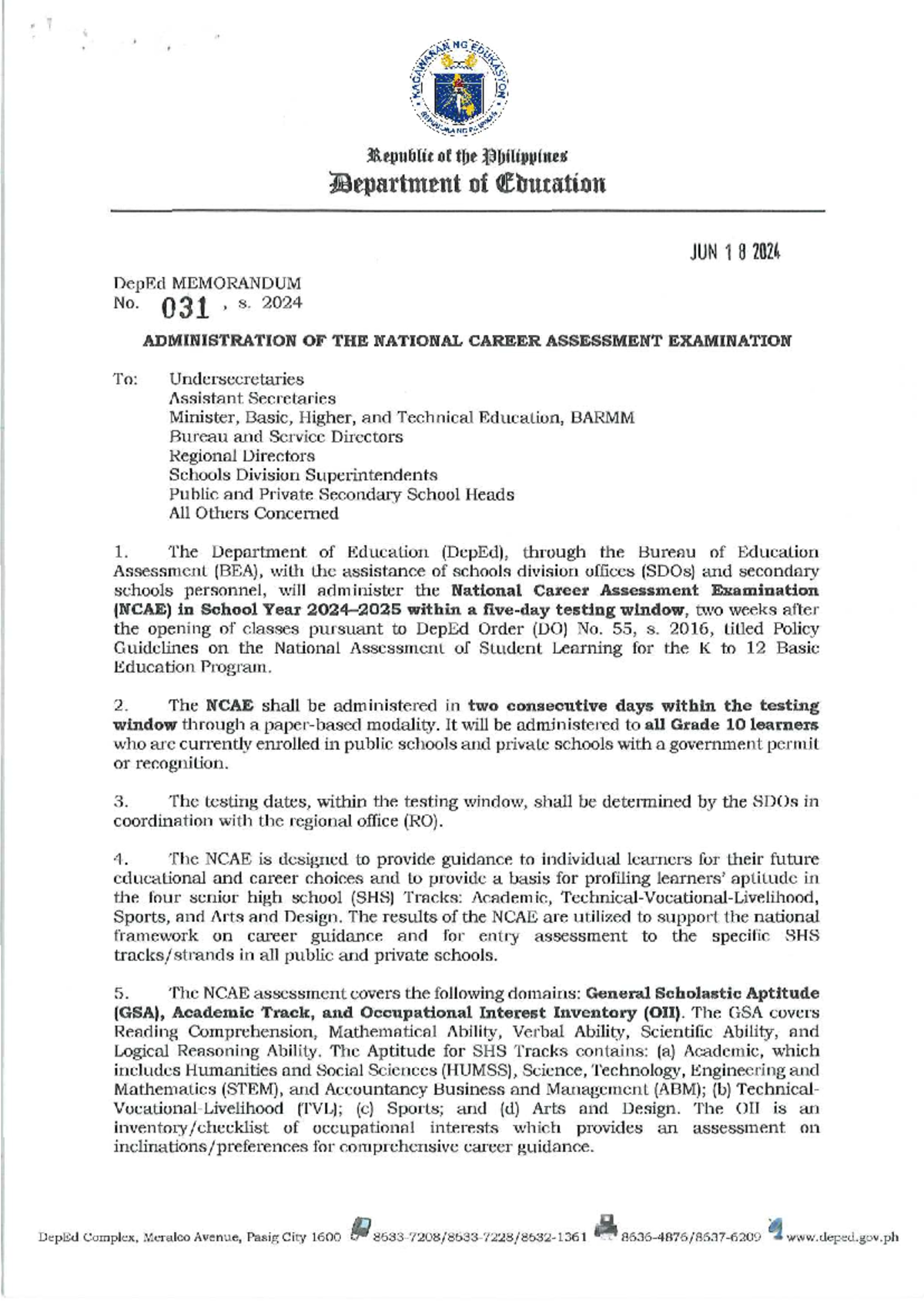 DM S2024 031 - Admin of National Career Assessment Exam (NCAE) - Studocu