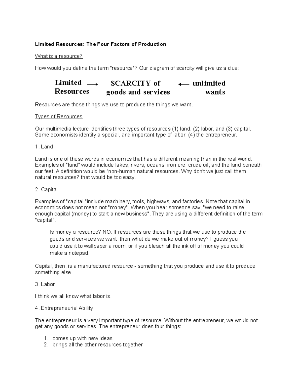 Limited Resources: Understanding the Four Factors of Production - Studocu