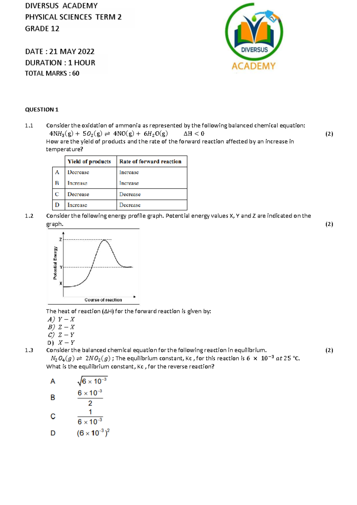Rate and Chemical Equilibrium Test - Grade 12 Physical Sciences (Term 2 ...