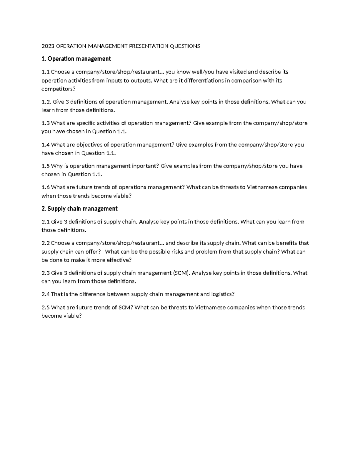 2023 Operation Management Presentation Questions - 2023 OPERATION ...