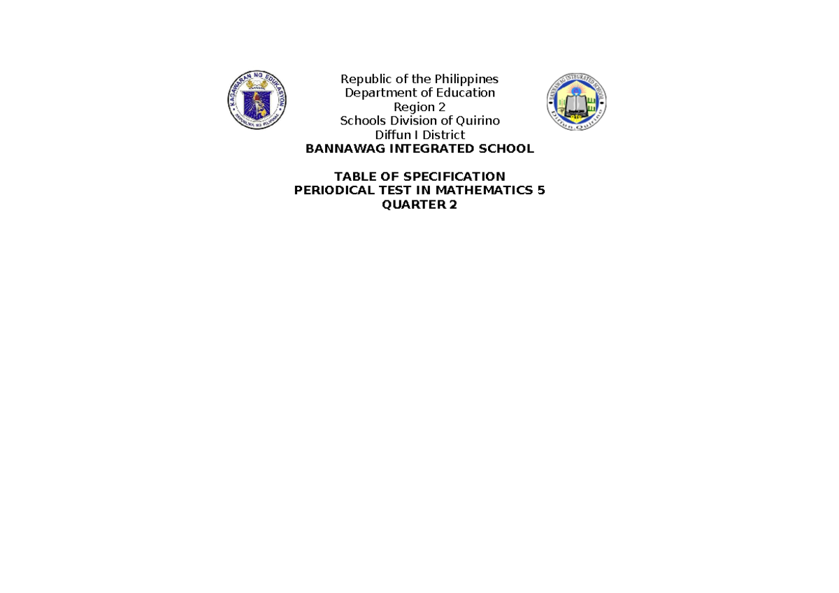TOS MATH Grade 5 - math - Republic of the Philippines Department of ...