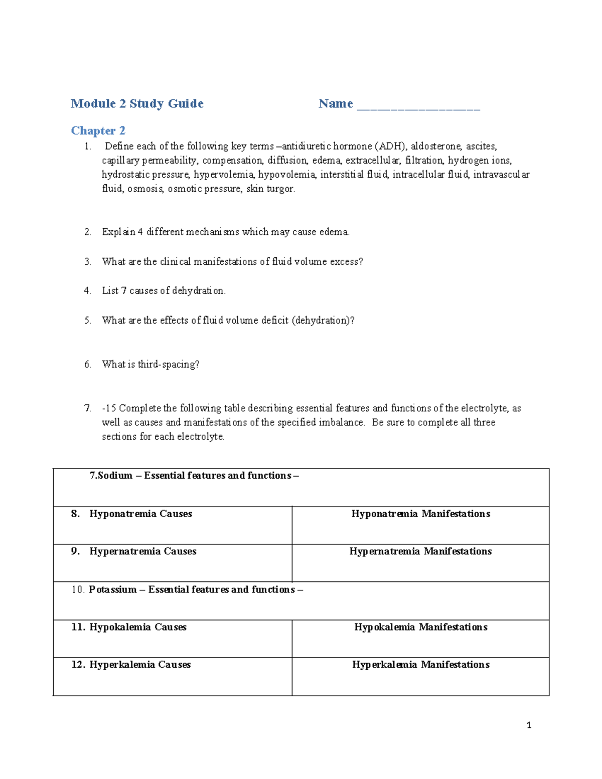 Module 2 Study Guide: Key Terms & Fluid/Electrolyte Imbalances - Studocu