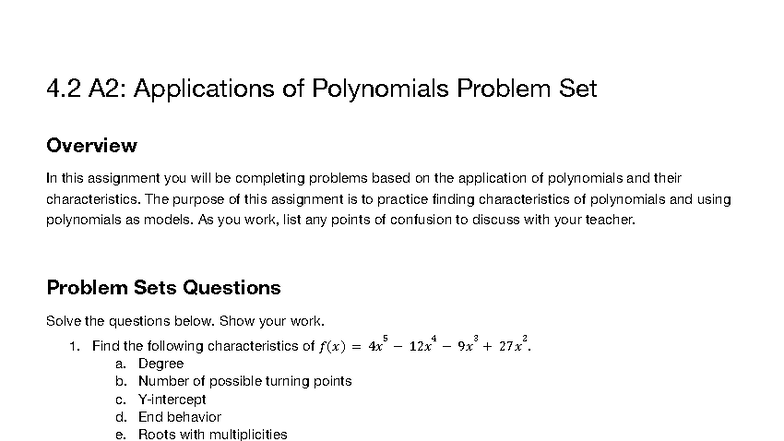 A2: Applications of Polynomials Problem Set Overview (4.2) - Studocu