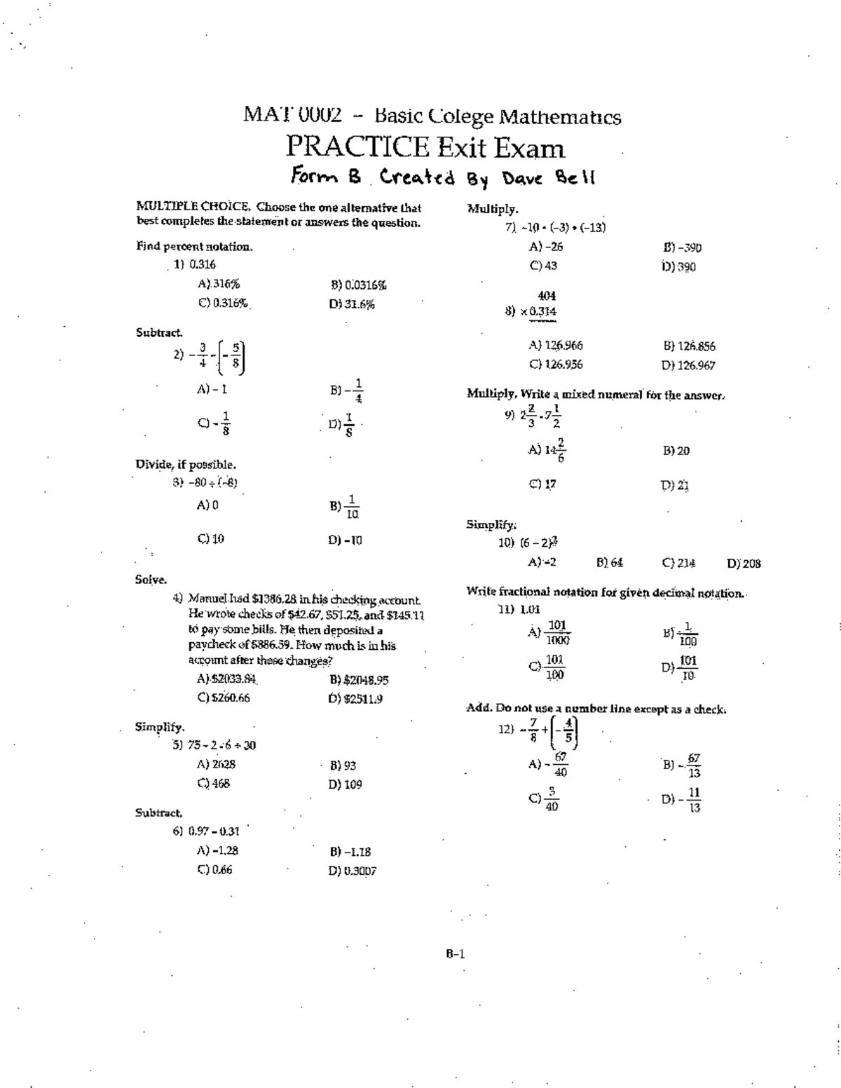 Practice exam 2 - MAT Basic Colege Mathematics PRACTICE Exit Exam Form ...