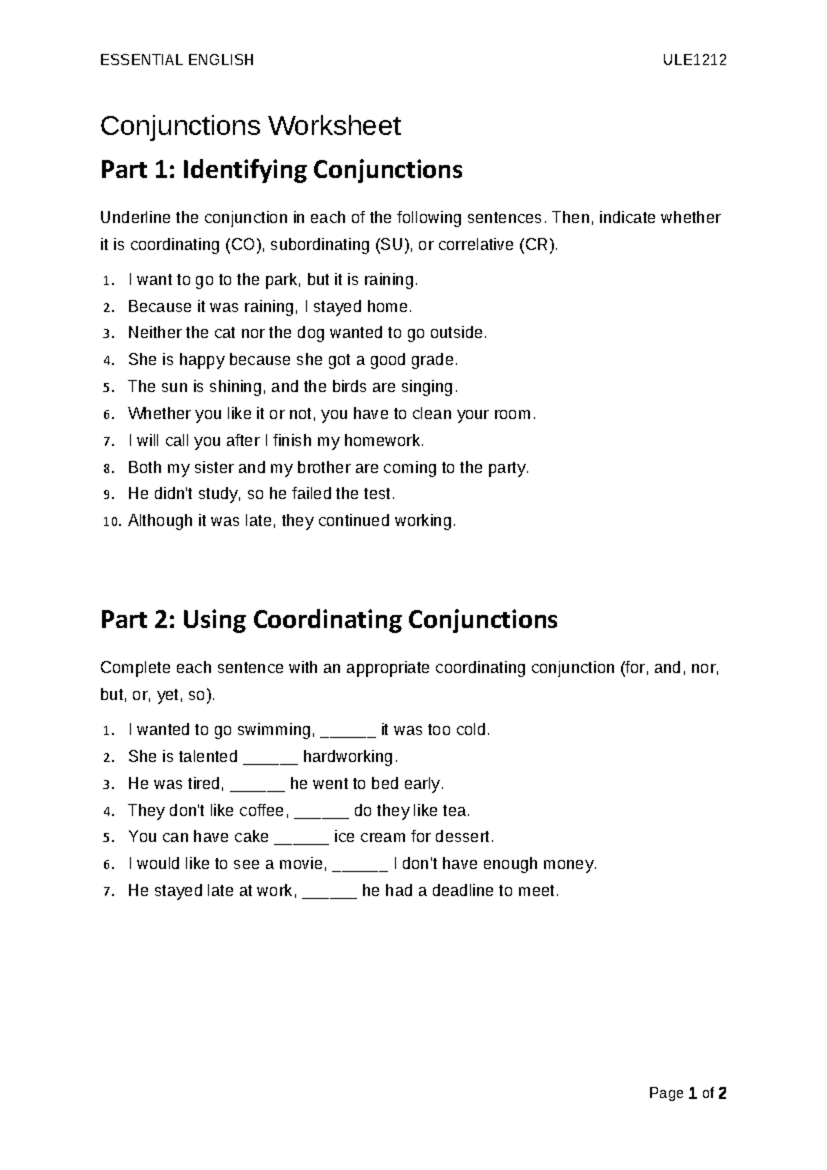 ESSENTIAL ENGLISH ULE1212 Conjunctions Worksheet: Identifying & Using ...