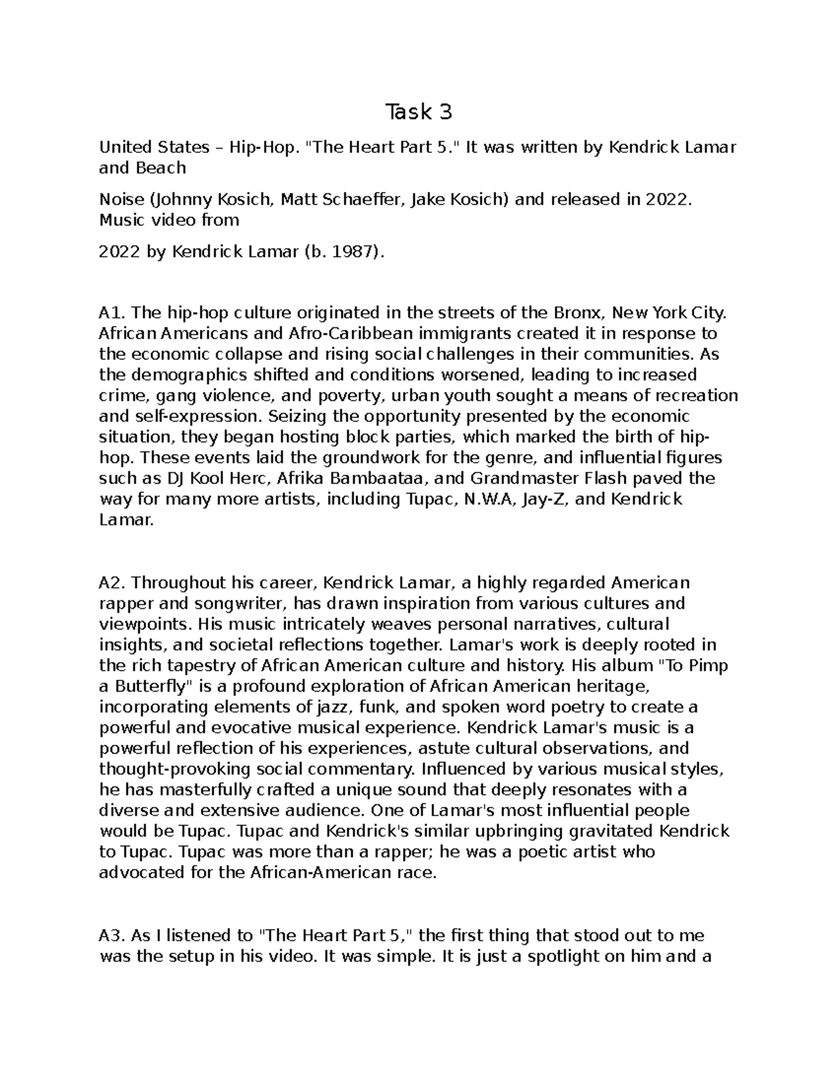 D198 Task 3- Passed - Task 3 United States – Hip-Hop. "The Heart Part 5 ...