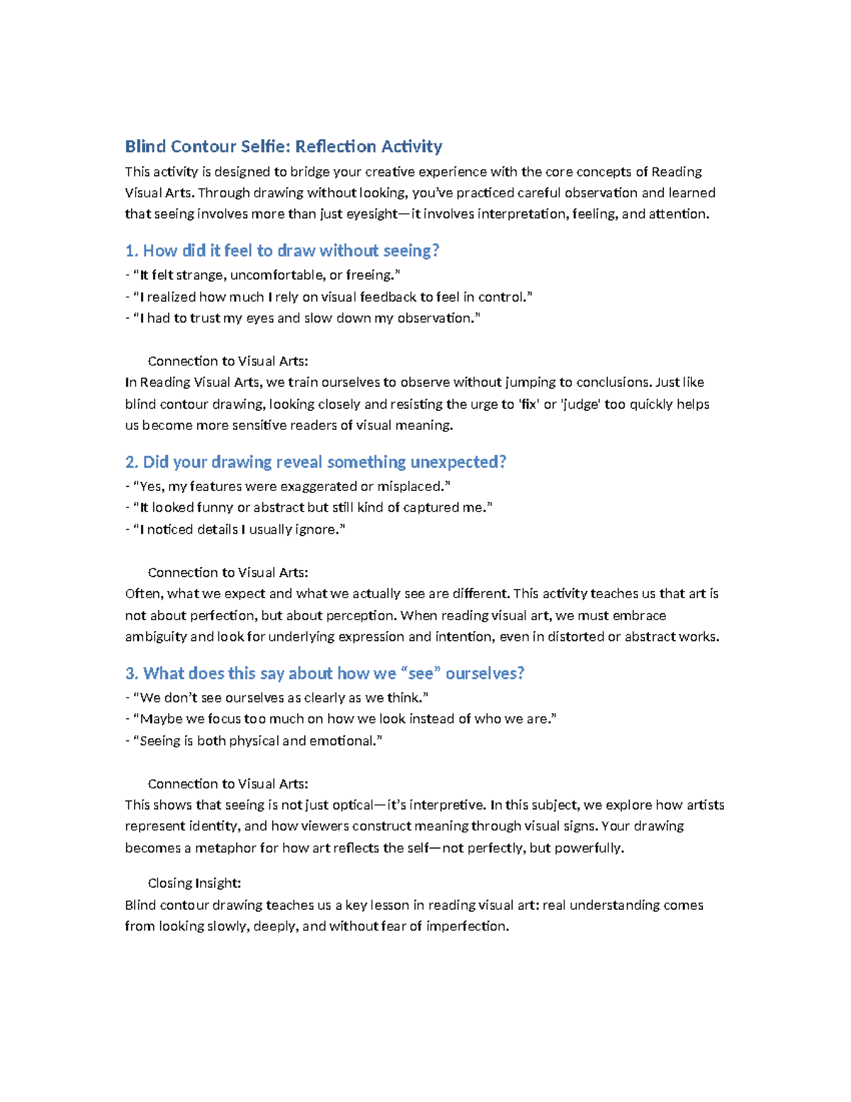 Blind Contour Reflection Activity: Insights on Visual Arts - Studocu