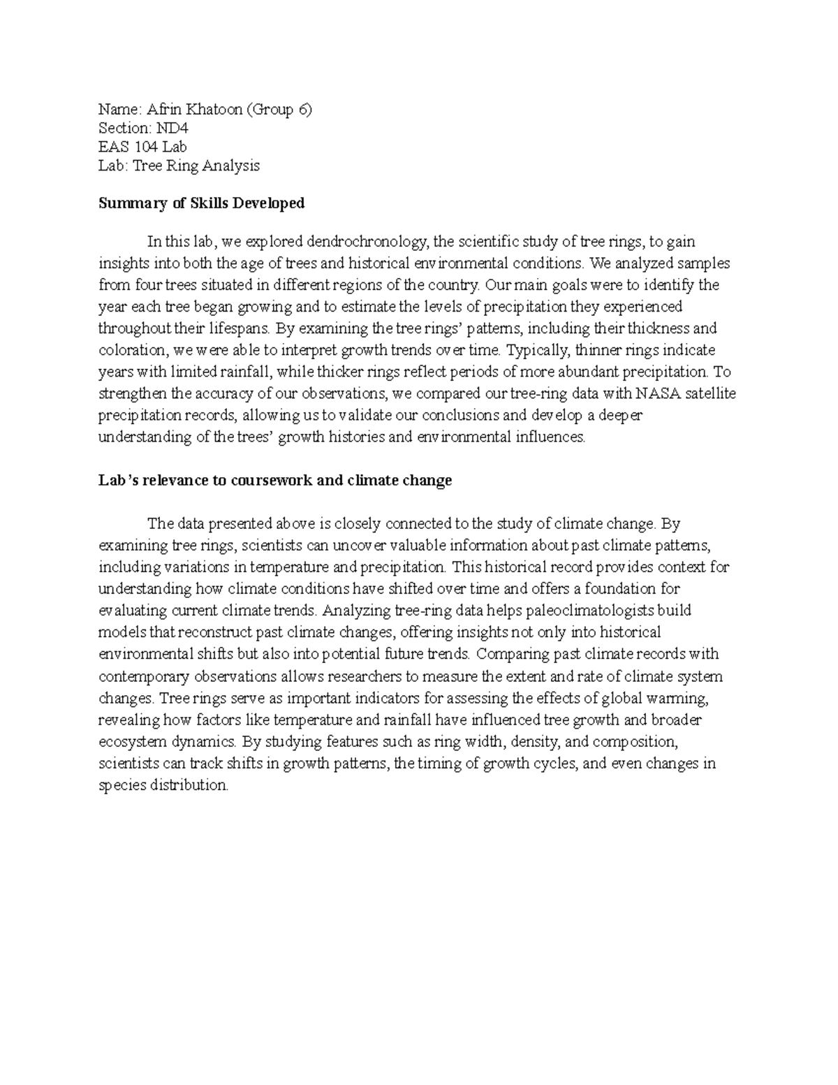 EAS 104 Lab 1 - Tree Ring Analysis and Climate Insights - Studocu
