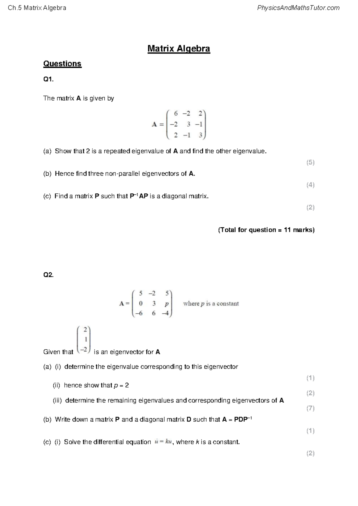 Ch.5 Matrix Algebra - good for practice - Matrix Algebra Questions Q1 ...