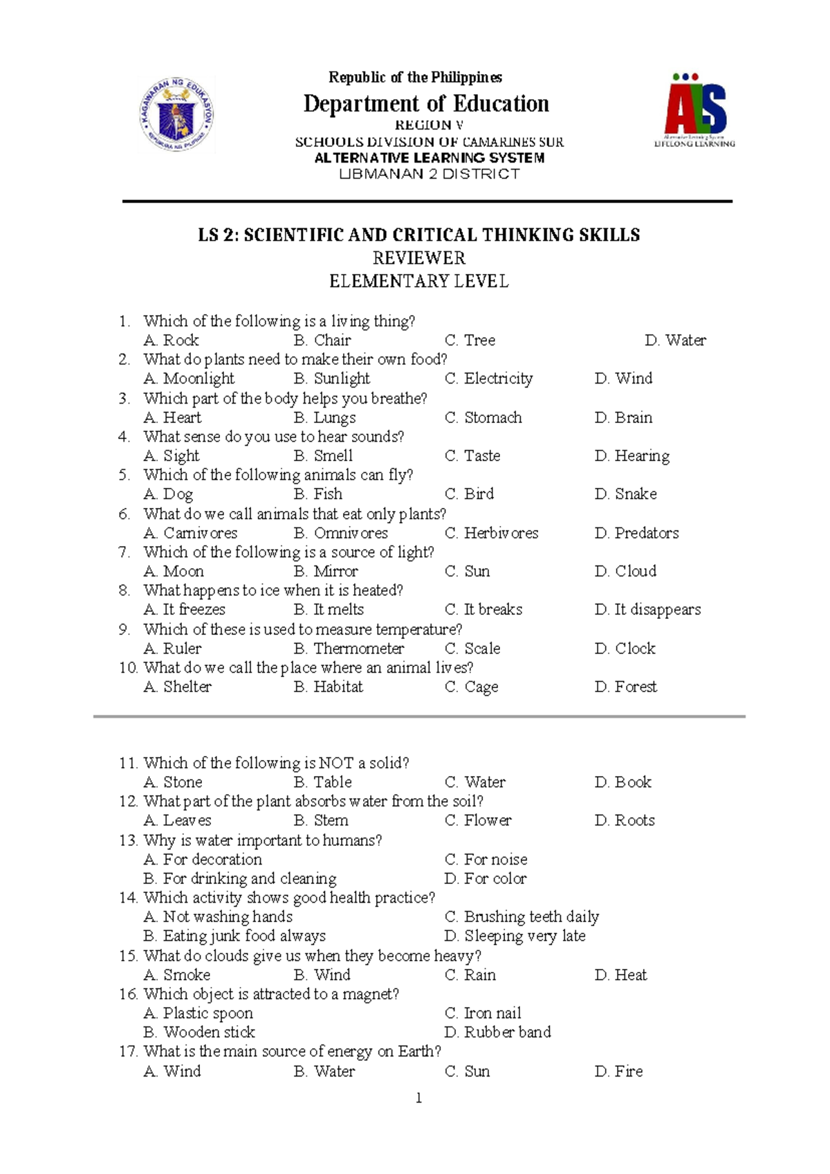 ELEM LS2: Scientific & Critical Thinking Skills Reviewer - Studocu