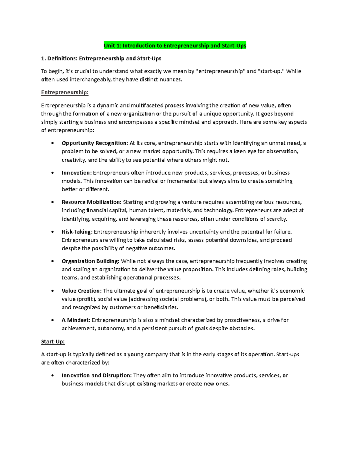 Unit 1: Intro to Entrepreneurship & Key Concepts (ENT101) - Studocu