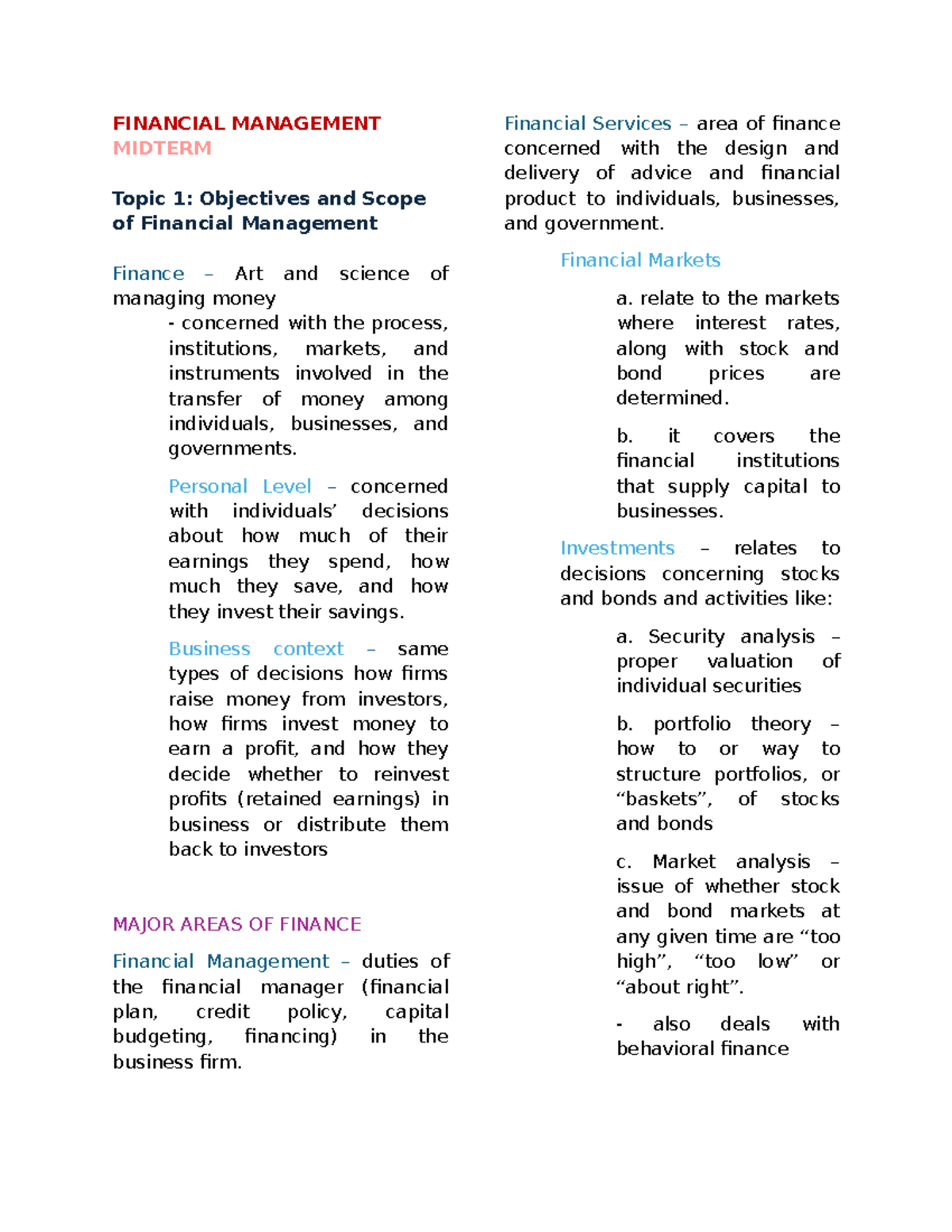 FINANCIAL MANAGEMENT MIDTERM: Objectives & Scope Overview - Studocu