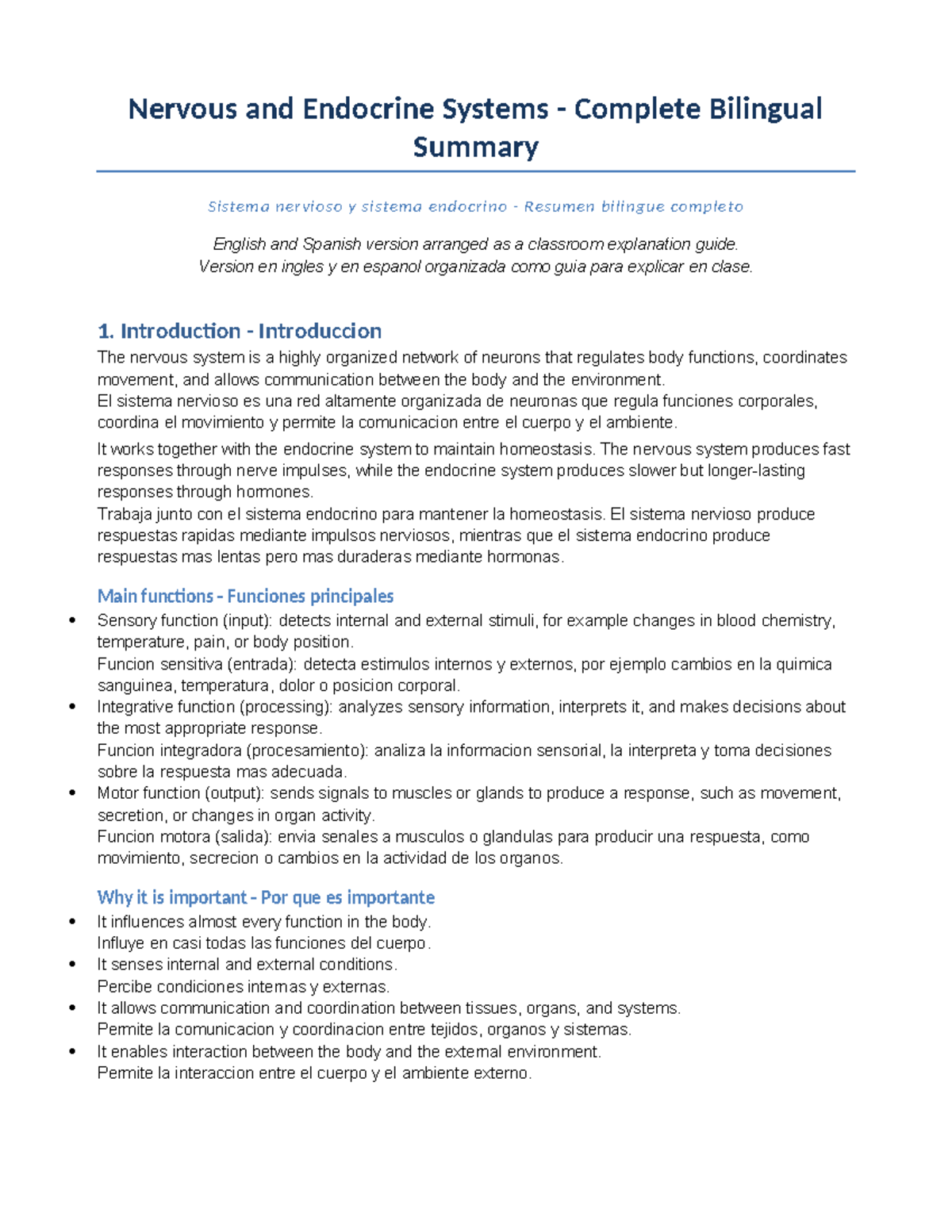 Nervous and Endocrine Systems - Comprehensive Bilingual Guide - Studocu