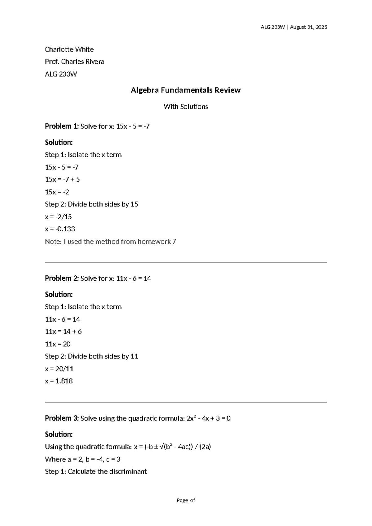 ALG 233W Algebra Fundamentals Review with Solutions - Studocu