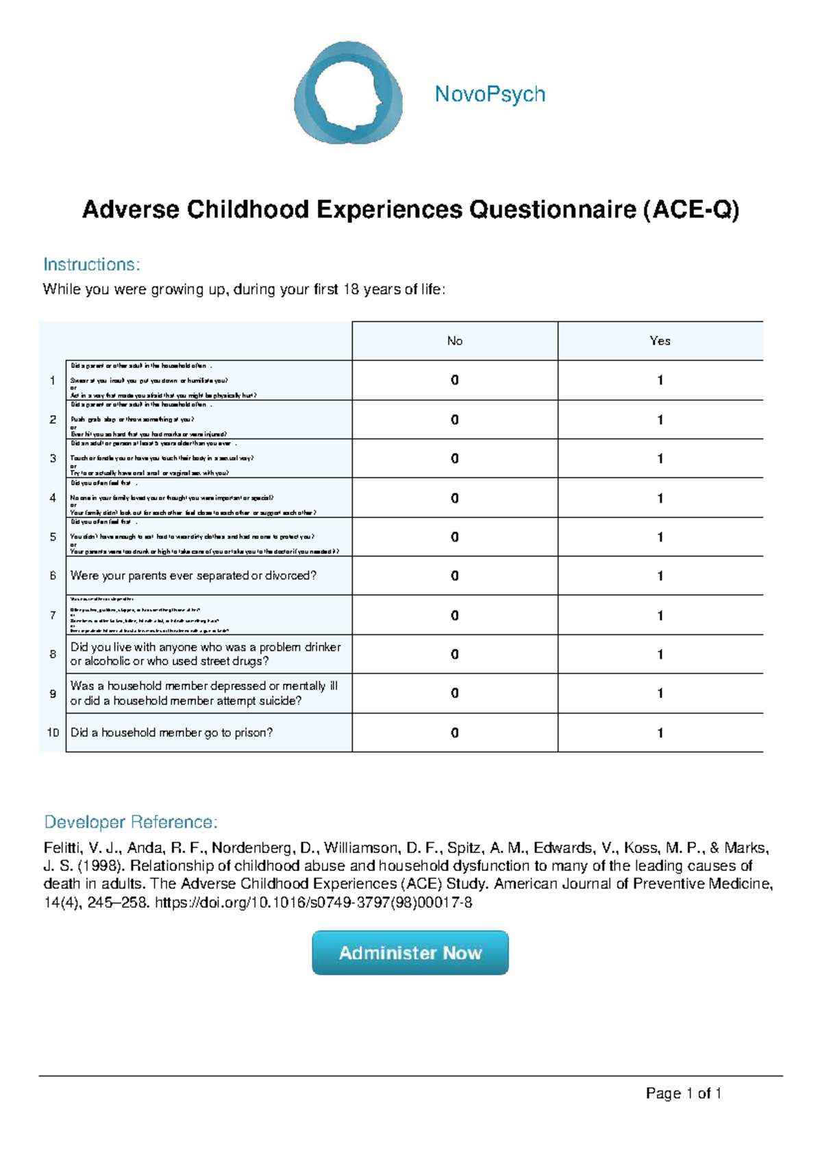 NovoPsych ACE Questionnaire Instructions for Trauma Assessment - Studocu