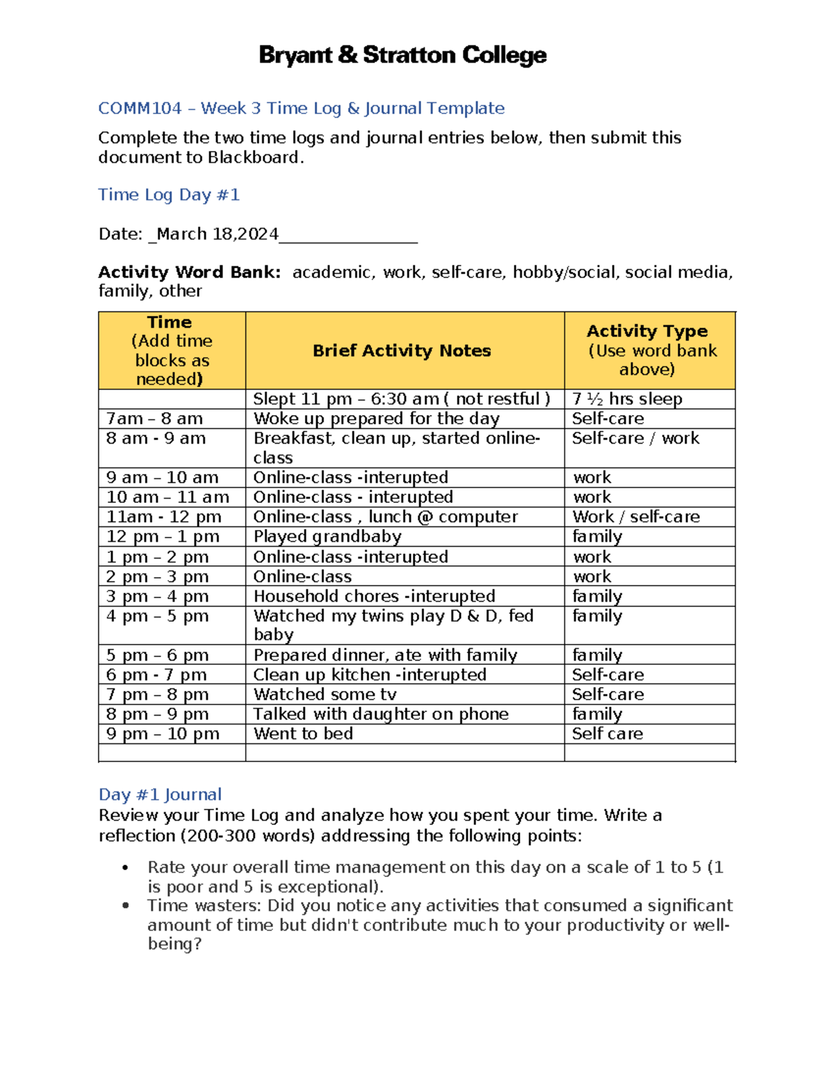COMM104 W3 Time Log & Journal Reflection Template - Studocu