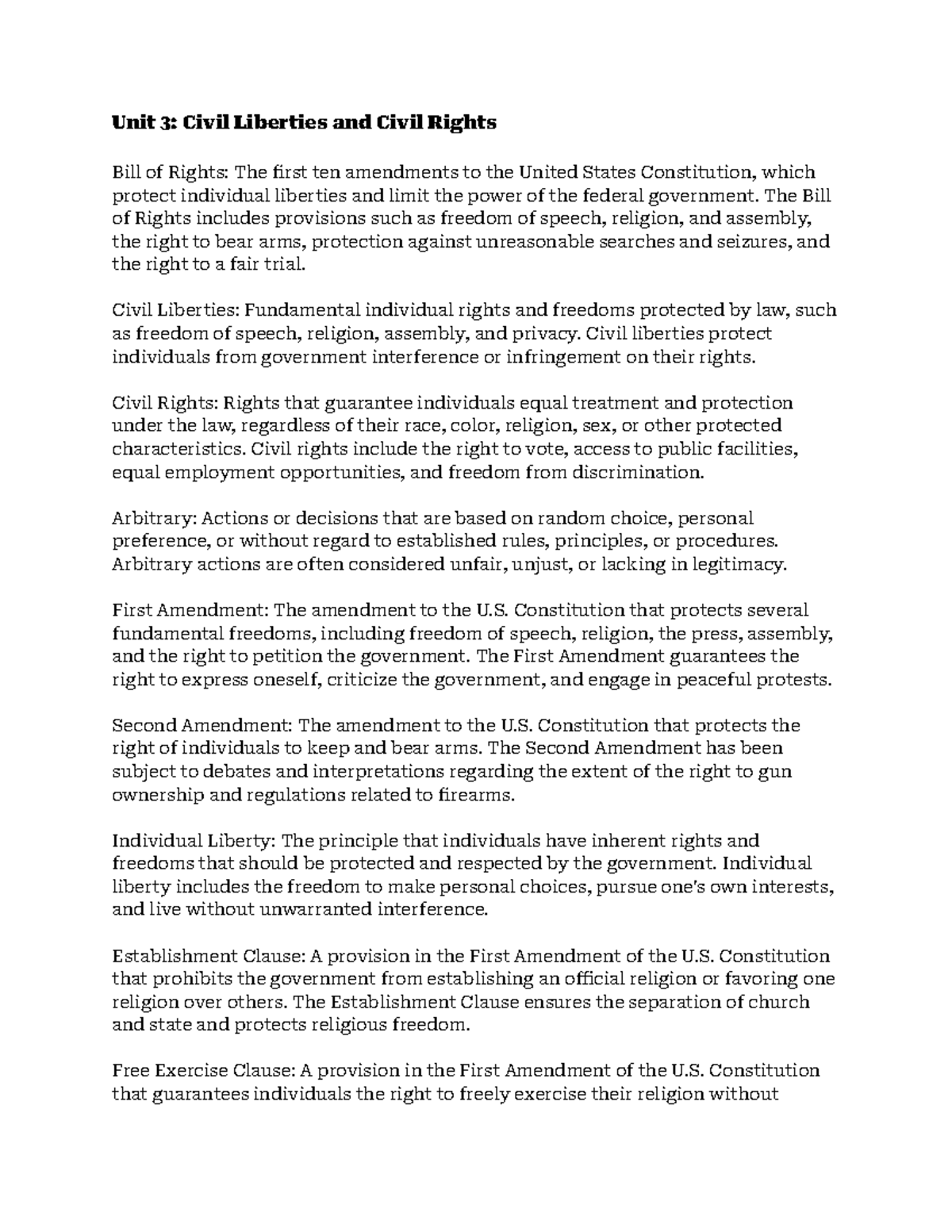 AP US Go Po Vocab Terms - Civil Liberties & Rights (Unit 3) - Studocu
