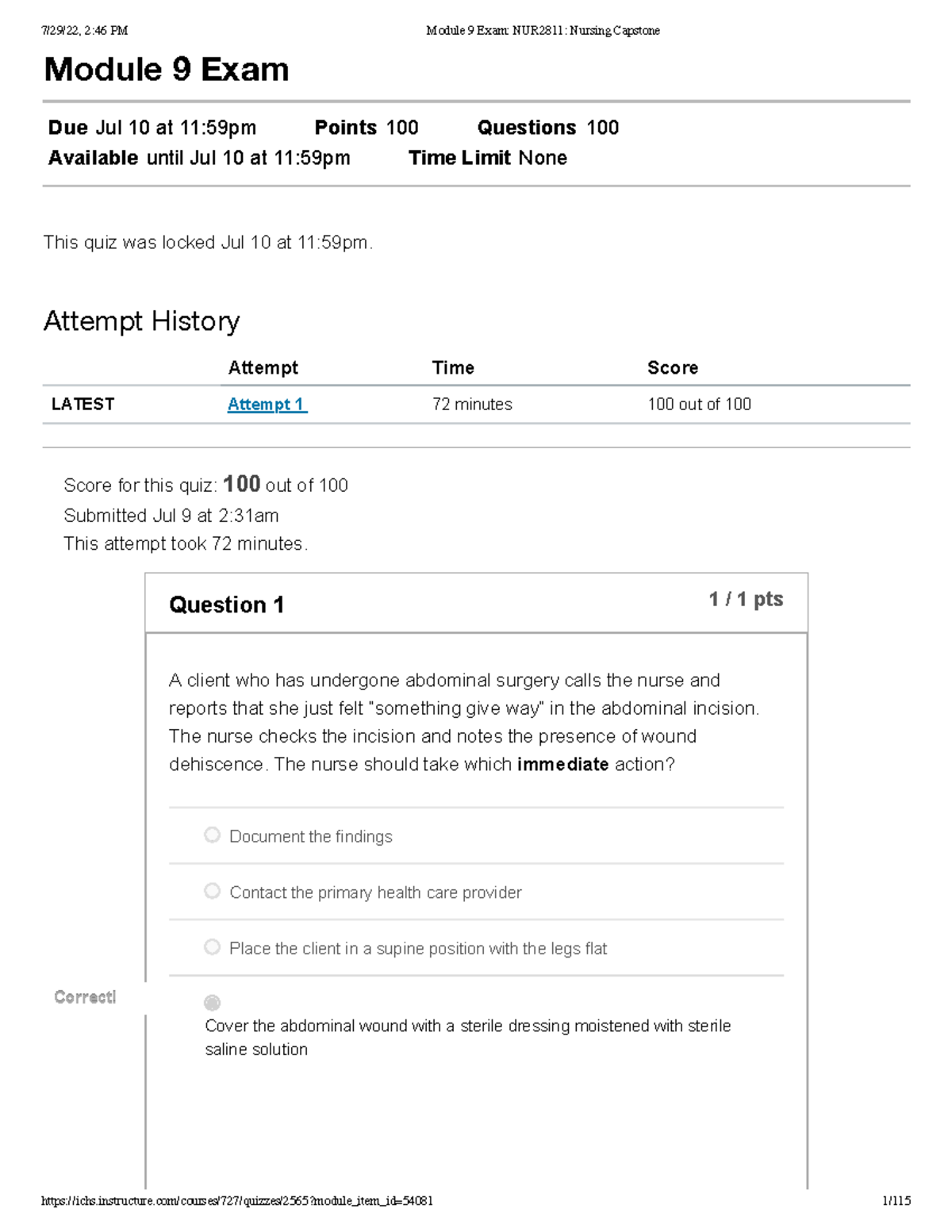 Module 9 Exam NUR2811 Nursing Capstone - Module 9 Exam Due Jul 10 at 11 ...